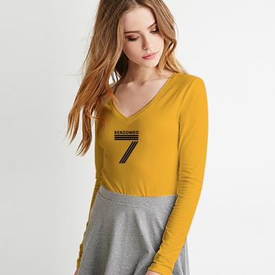 China Women T Shirt Long Sleeve V Neck Print Number Top Casual Cotton Tee for sale