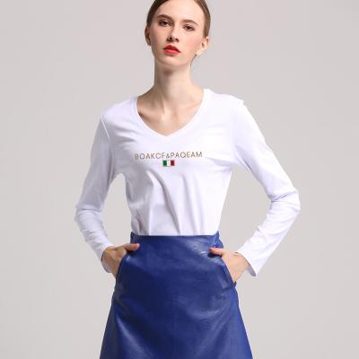 China Women Printing Letter T Shirt Long Sleeve V Neck Cotton Top Casual Tee for sale