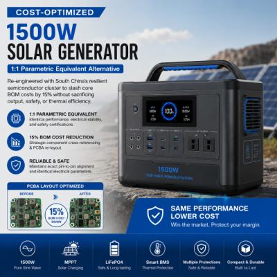 China Cost-Optimized 1500W Portable Solar Generator – 1:1 Parametric Equivalent with Re-Engineered PCBA Layout for sale