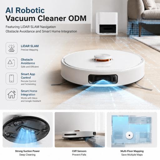 Quality AI Robotic Vacuum Cleaner ODM solutions Featuring LiDAR SLAM Navigation Obstacle Avoidance and Smart Home Integration for sale