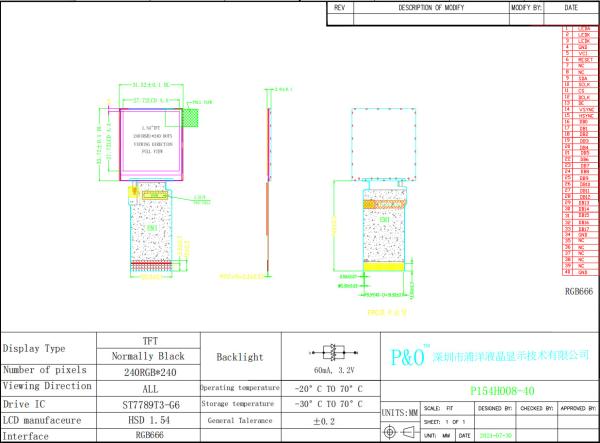 Polcd 1,54 pouces affichage LCD TFT 240x240 IPS Écran carré 40 broches RGB666 Interface Panneau LCD