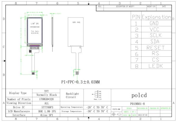 Polcd 1,9 inch 170*320 ST7789P3-G6 SPI Bar TFT LCD-module scherm 8 pin IPS verticaal LCM-display