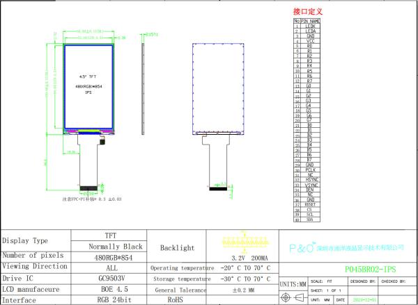 Polcd 4.5 ιντσών TFT LCD Μοντέλο 480*854 Ανάλυση 300 Nits RGB 24bit Διασύνδεση 4,5