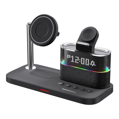 China 5 In 1 Magnetic Wireless Stand Dock Charger With Holder iPhone Android Night Light Alarm Clock 15W Fast Charging for sale