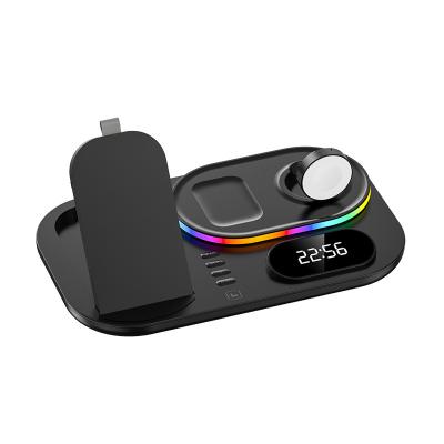 China Foldable RGB Alarm Clock Wireless Charger Stand 4-in-1 Magnetic Charging Station LED Light Fast Wireless Charging Dock for sale