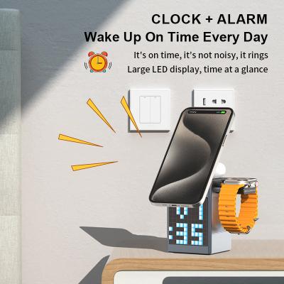 China 6 In 1 Multi Function Pixel Animation Wireless Charger Alarm Clock Speaker Phone Stand With Integrated Lamp for sale