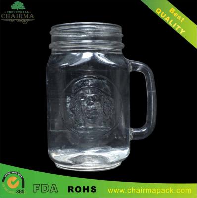 China 450ml square Glass Mason Jar with Handle Glass Drinking Jar for sale