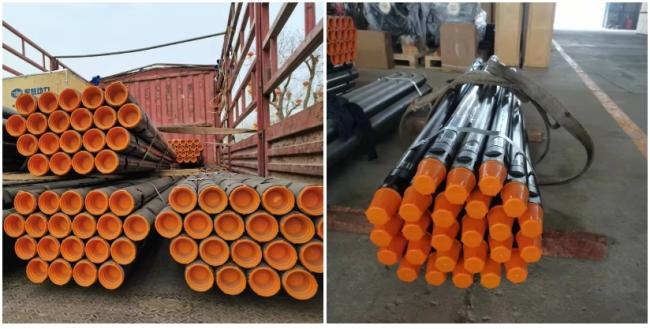 Friction welded drill rod close-up showing thread details