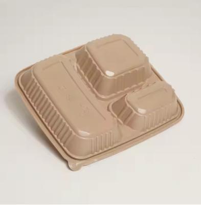 China Customizable 3 Division Disposable Compostable To-Go Container Hinged Take Away Food Container Rice Husk Disposable Lunch Box for sale