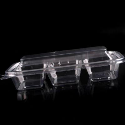 China OEM factory disposable 3 cavity transparent vacuum formed rectangular PET plastic clamshell pastry cake box for sale