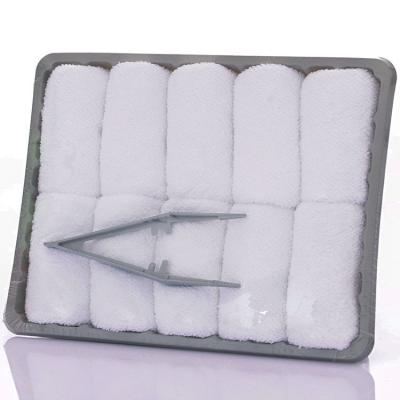 China Good Quality disposable rolled airline towel cotton towel in tray with tong 100% cotton terry airline restaurant towel for sale