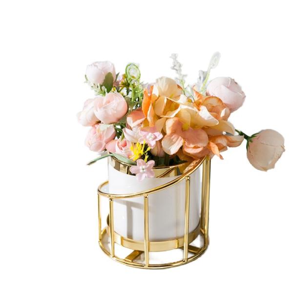 Quality Luxury Nordic Style Ceramic Flower Vase with Iron Stand Decorative Plant Pots Desktop Makeup Organizer for Garden Storage Tank for sale