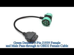 Grün Deutsch J1939 9Pin männlicher weiblicher Anschluss Pass-through zu OBD2 OBDII weibliches Kabel T-Form 9 Pin OBD 2 Adapt