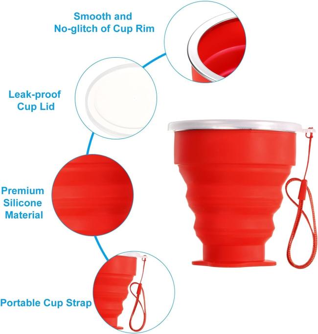 Silicone collapsible cup with lid and hand strap