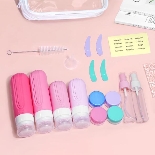 Silicone travel bottles set with various accessories laid out