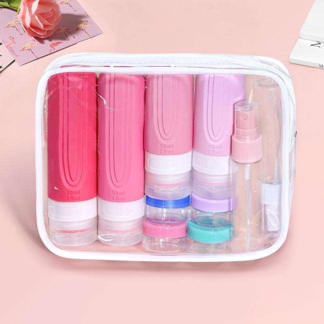 Customized silicone travel bottles set showing multiple sizes and accessories