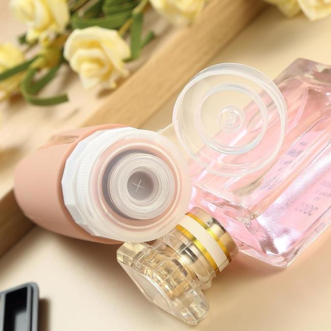 Close-up of silicone travel bottle showing leak-proof lid