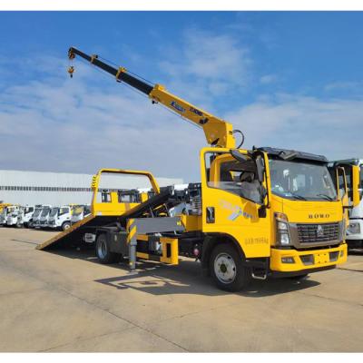 China Lowest Price HOWO 4X2 Floor-standing Flatbed Body With 5 Tons Crane Tow Wrecker Truck for Car Accident for sale