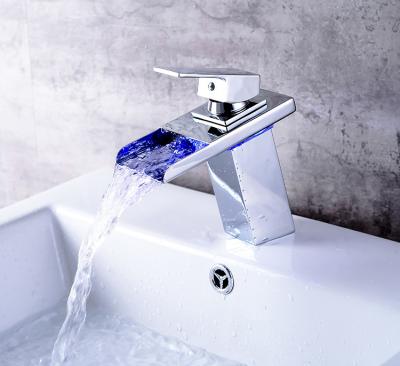 China Waterfall Basin Mixer Faucet with Ceramic Valve Core Single Hole and Temperature Sensitive LED Light for sale