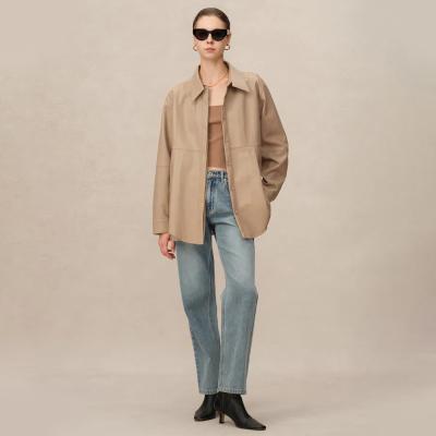 China Luxurious Look Faux Leather Jacket Sustainable Milk Tea Fluffy Leather Jacket for sale