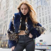 China Patchwork style Navy Faux Fur Jacket for sale
