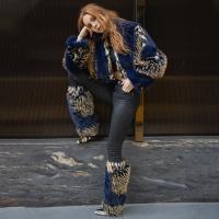 China Patchwork style Navy Faux Fur Jacket for sale