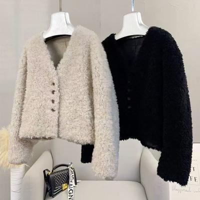 China V Neck Short Faux Sheep Fur Jacket for sale