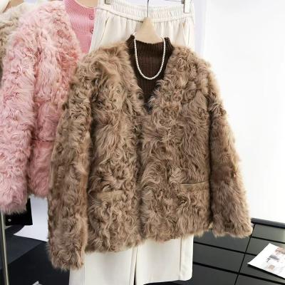 China Soft Lustrous Faux Persian Lamb Fur V-neck Jacket for sale