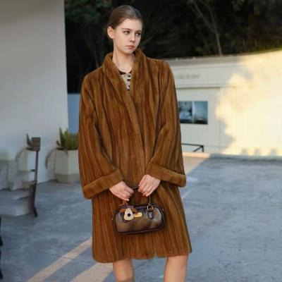 China Faux Mink Fur Vertical Striped Mid Length Coat for sale