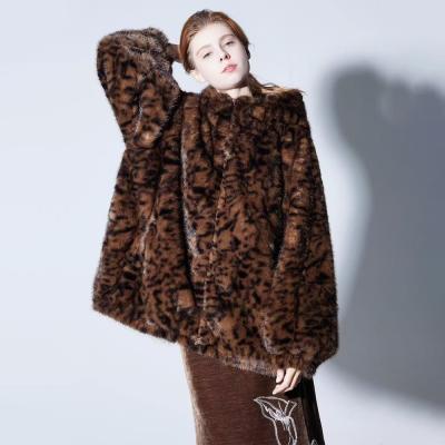 China Retro Leopard Faux Fur Hooded Coat for sale