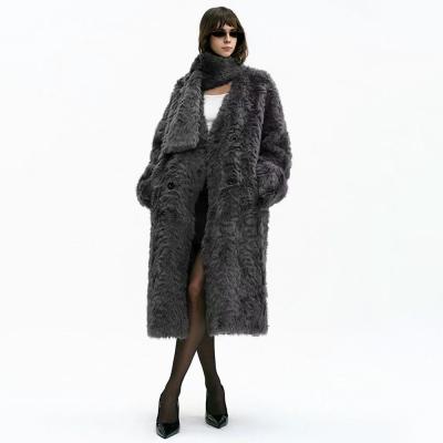 China Removable Scarf Style Faux Persian Lamb Fur One Piece Long Coat for sale