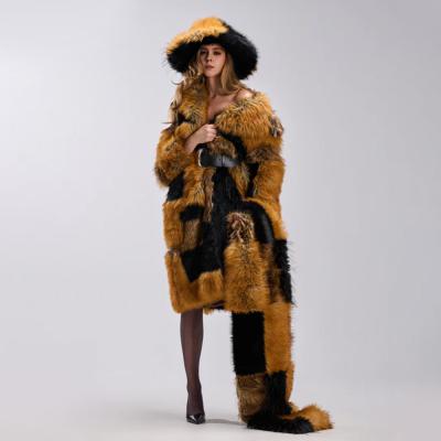 China Gold Red Brown Black Patchwork Faux Fox Fur Coat for sale