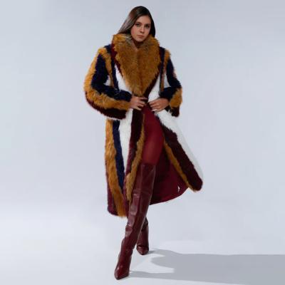 China Shawl Collar Striped Patchwork Faux Fox Fur Long Coat for sale