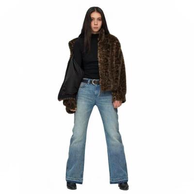 China Stand Up Collar Loose Sleeve Windproof Faux Leopard Print Fur Jacket for sale