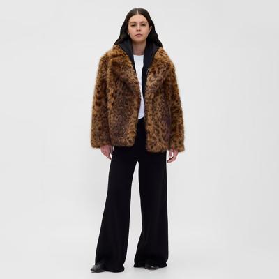 China Leopard Pattern Lapel Collared Faux Fur Fluffy Plush Short Jacket for sale