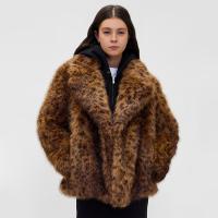 China Leopard Pattern Lapel Collared Faux Fur Fluffy Plush Short Jacket for sale