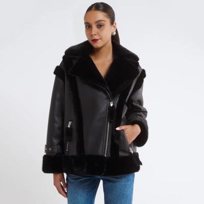 China Black Faux Shearling Fur Biker Jacket for sale