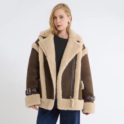 China Brown Beige Faux Shearling Fur Faux Suede Biker Jacket for sale