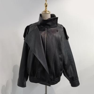 China British style Lychee Grain Faux Leather Biker Jacket for sale