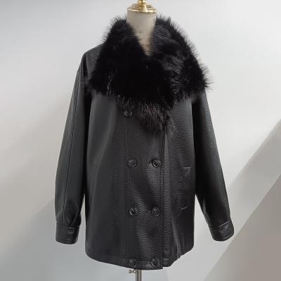 China High Insulation Soft Lychee Grain Embossed Faux Leather Faux Fur Collar Coat for sale