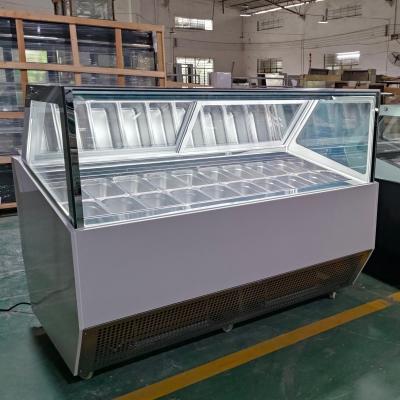 China 18 Pans Gelato Display Fridge Curved Tempered Glass Ice Cream Countertop Freezer for sale