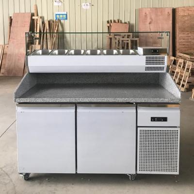 China Marble Top Stainless Steel Pizza Prep Table Refrigerator Salad Workbench Chiller Worktable With Glass Cover for sale
