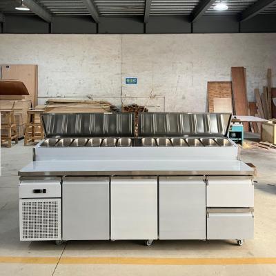 China Commercial Pizza Prep Bench Fridge 3 Doors 2 Drawers Air Cooling for sale