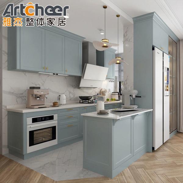 Quality Sale Shaker Grey Solid Wood Kitchen Cabinet with Laminated Bullnose Countertop Edging for sale