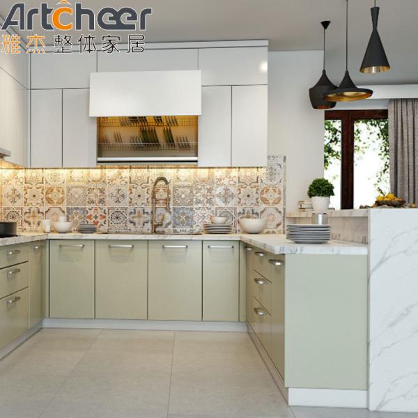 Quality Green Color Quartz Stone Top U Shape Kitchen Cabinet for Modern Stylish Kitchen Design for sale