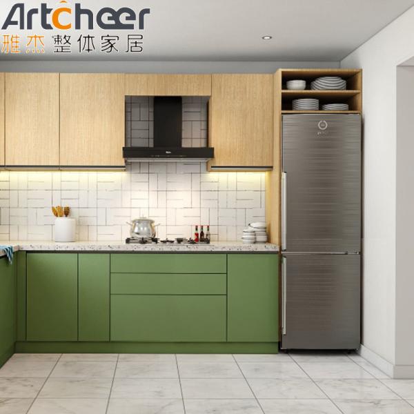 Quality Custom U Shape Kitchen Cabinet Green Color L Shape Base Cabinets Set With Marble for sale