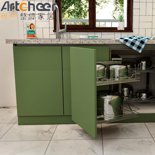 Quality Custom U Shape Kitchen Cabinet Green Color L Shape Base Cabinets Set With Marble for sale