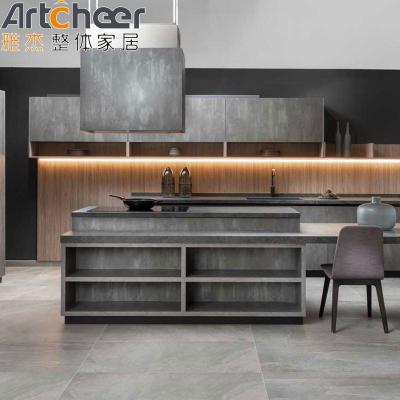 China E0 Grade Material Kitchen Cabinets With Dark Grey Marble Look Finish And Island Table for sale