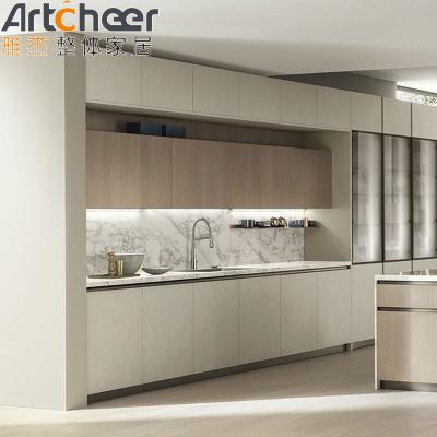 China Handless Kitchen Cabinet Set Modern With Marble Countertop And Island Dining Table for sale