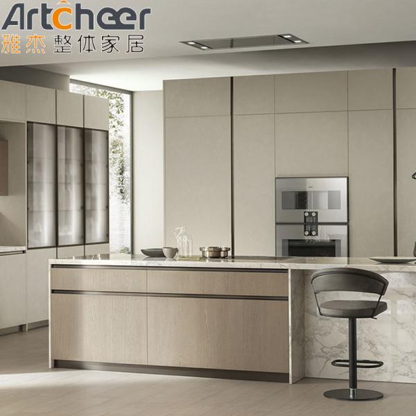 Quality Handless Kitchen Cabinet Set Modern With Marble Countertop And Island Dining for sale